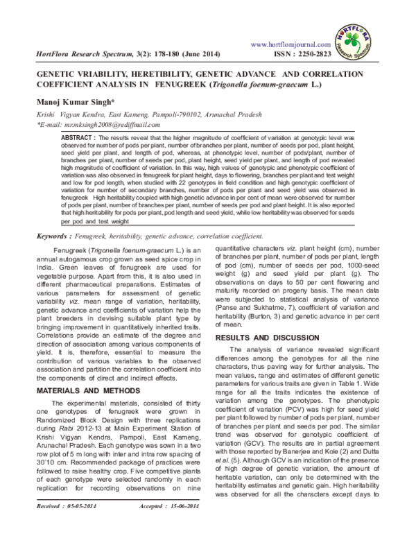 (PDF) Genetic Variability, Heretibility, Genetic Advance and Correlation Coefficient Analysis in ...