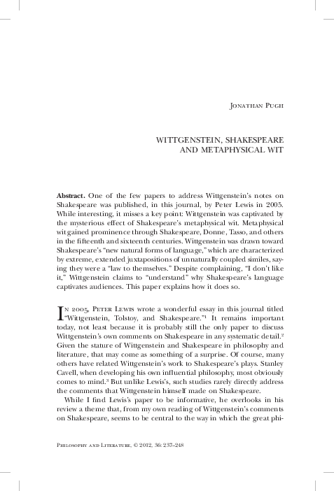 (PDF) Wittgenstein, Shakespeare, and Metaphysical Wit