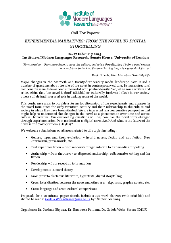 (DOC) CFP: 'Experimental narratives: from the novel to digital ...