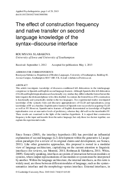 (PDF) The effect of construction frequency and native transfer on L2 knowledge of the syntax ...