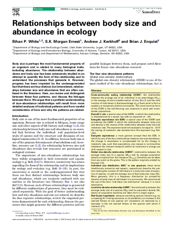(PDF) Relationships between body size and abundance in ecology | Brian ...