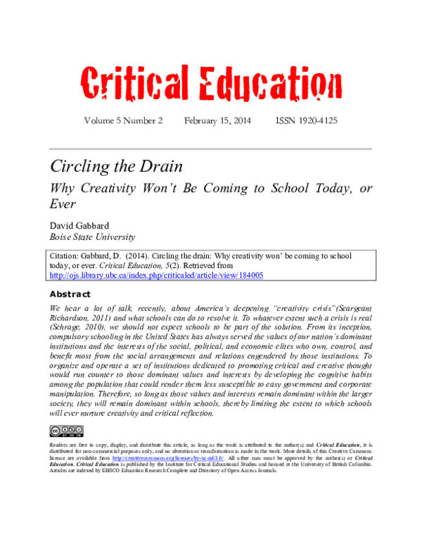 (PDF) Circling the Drain: Why Creativity Won’t Be Coming to School ...