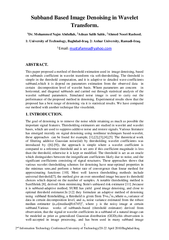 Pdf Subband Based Image Denoising In Wavelet Transform Mohammed