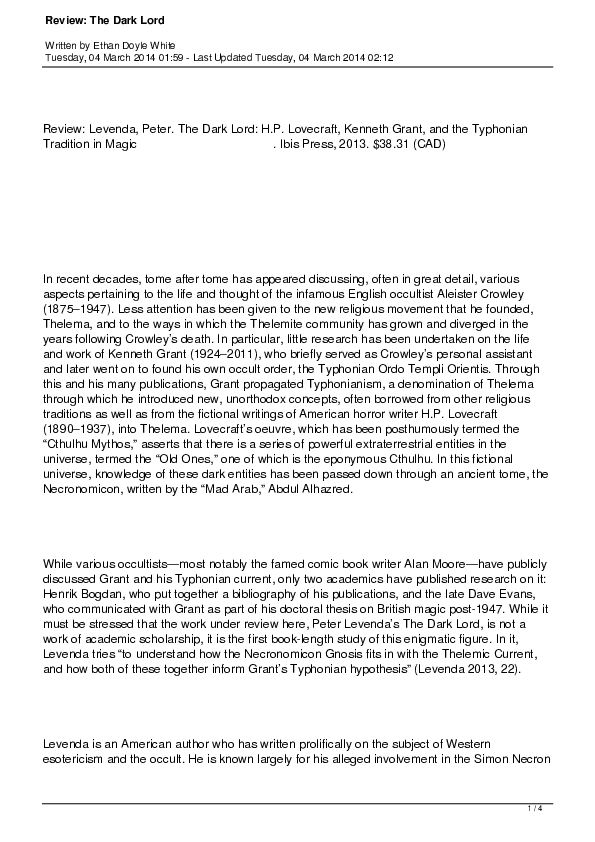 Review of Peter Levenda, "The Dark Lord: H.P. Lovecraft, Kenneth Grant ...