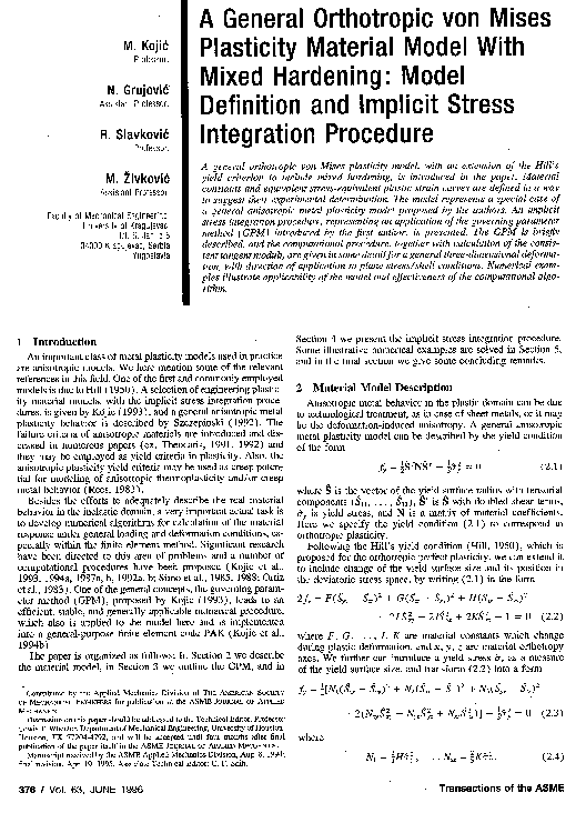 (PDF) A General Orthotropic von Mises Plasticity Material Model With Mixed Hardening: Model ...