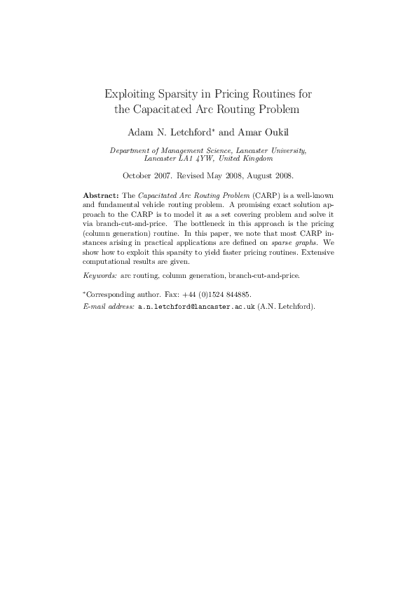 Pdf Exploiting Sparsity In Pricing Routines For The Capacitated Arc