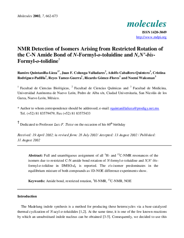 (PDF) NMR Detection of Isomers Arising from Restricted Rotation of the CN Amide Bond of N-Formyl ...