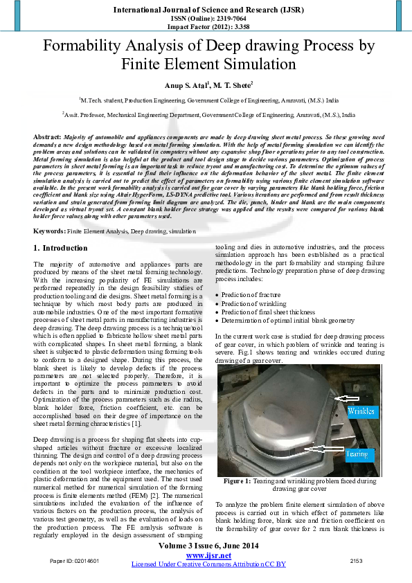 (PDF) Licensed Under Creative Commons Attribution CC BY Formability Analysis of Deep drawing ...