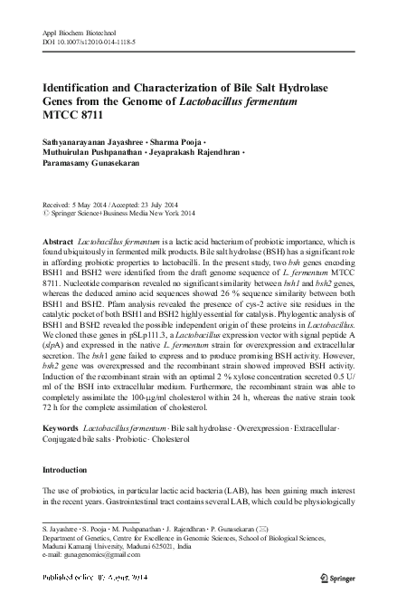 (PDF) Identification and Characterization of Bile Salt Hydrolase Genes from the Genome of ...