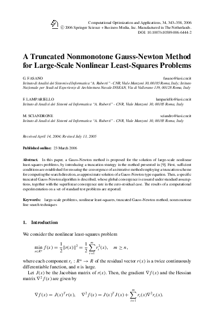 Pdf A Truncated Nonmonotone Gauss Newton Method For Large Scale Nonlinear Least Squares Problems