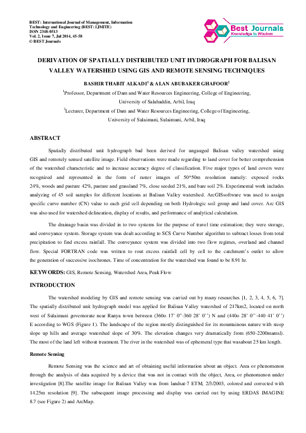 (PDF) DERIVATION OF SPATIALLY DISTRIBUTED UNIT HYDROGRAPH FOR BALISAN VALLEY WATERSHED USING GIS ...
