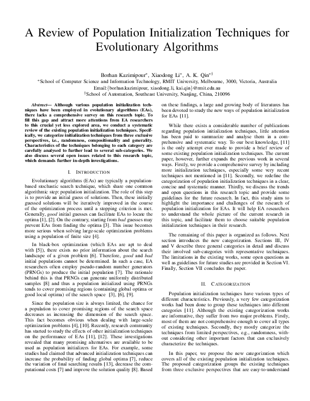 Pdf A Review Of Population Initialization Techniques For Evolutionary Algorithms