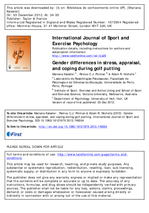 (PDF) Gender differences in stress, appraisal, and coping during golf putting