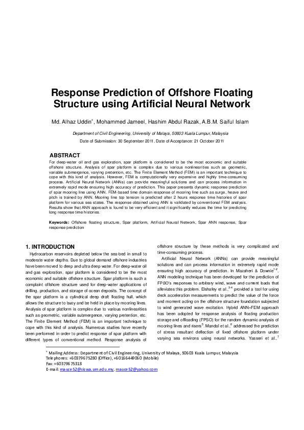 Pdf Response Prediction Of Offshore Floating Structure Using Artificial Neural Network