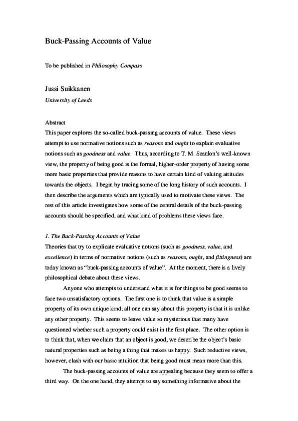 (PDF) Buck-Passing Accounts of Value