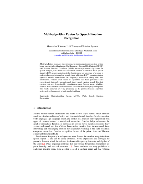 Pdf Multi Algorithm Fusion For Speech Emotion Recognition