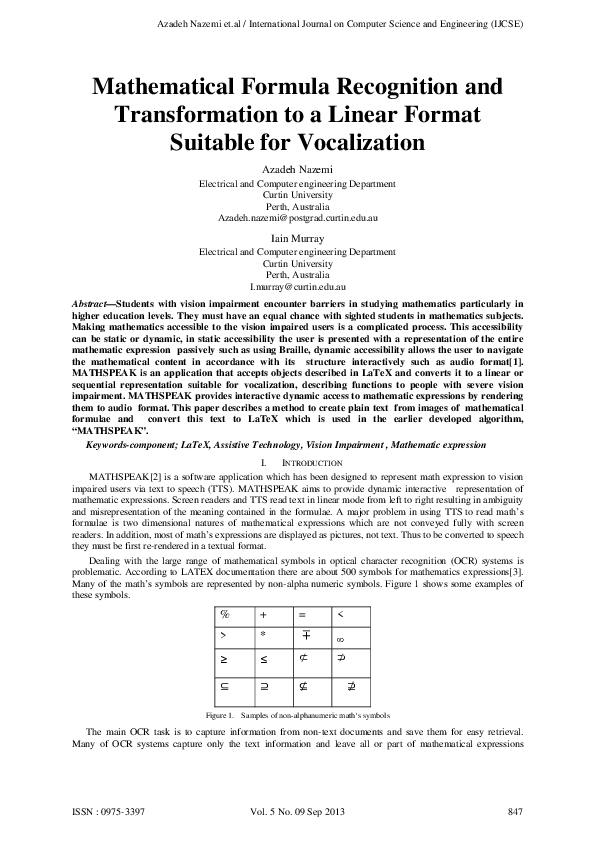 (PDF) Mathematical Formula Recognition and Transformation to a Linear Format Suitable for ...