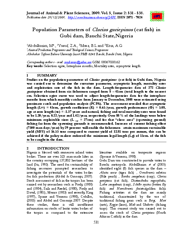 (PDF) Population Parameters of Cat fish in Gubi dam - Nigeria