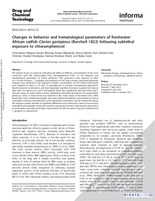 (PDF) Changes in behavior and hematological parameters of freshwater ...