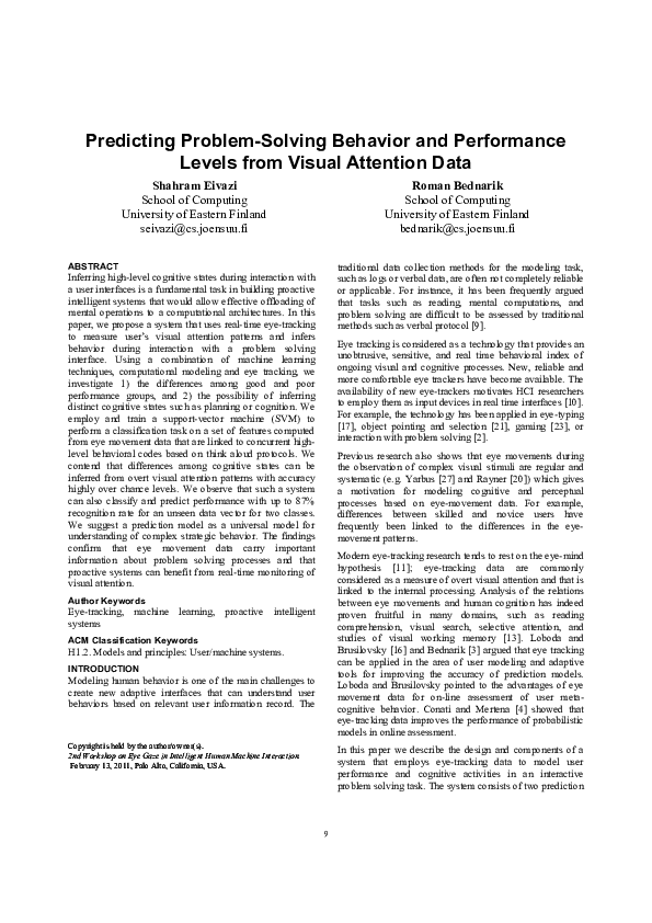 Pdf Predicting Problem Solving Behavior And Performance Levels From Visual Attention Data 