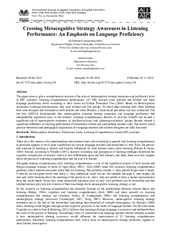 Pdf Crossing Metacognitive Strategy Awareness In Listening Performance An Emphasis On