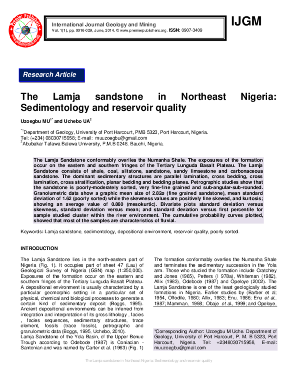 (PDF) The Lamja sandstone in Northeast Nigeria: Sedimentology and ...