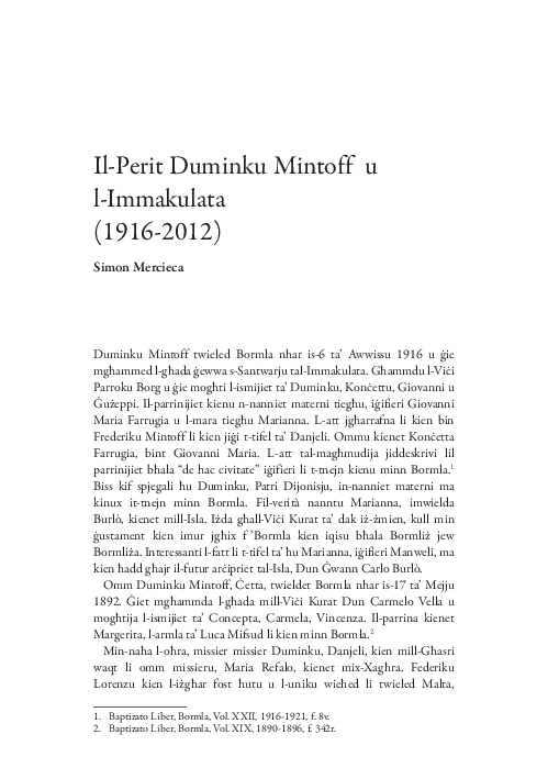 (PDF) Il-Perit Duminku Mintoff u l-Immakulata (1916-2012