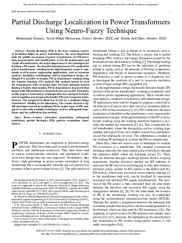 (PDF) Partial Discharge Localization in Power Transformers Using Neuro-Fuzzy Technique