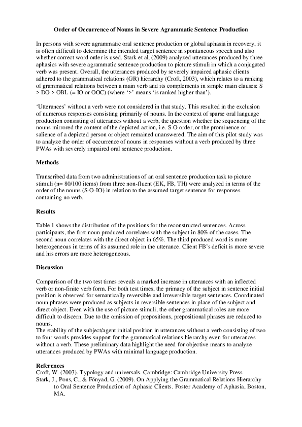 (PDF) Order of Occurrence of Nouns in Severe Agrammatic Sentence Production