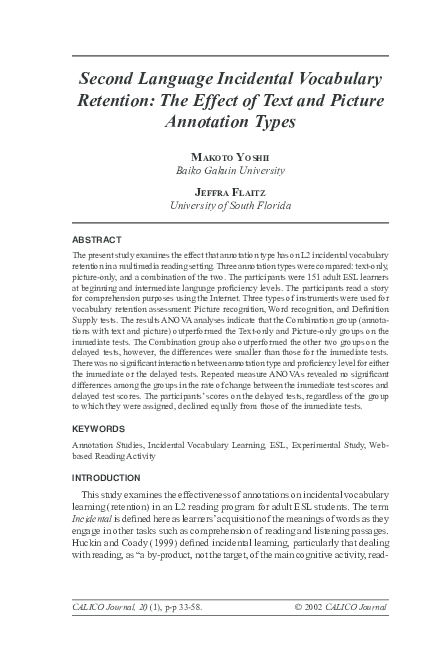 (PDF) Second Language Incidental Vocabulary Retention: The Effect of Text and Picture Annotation ...