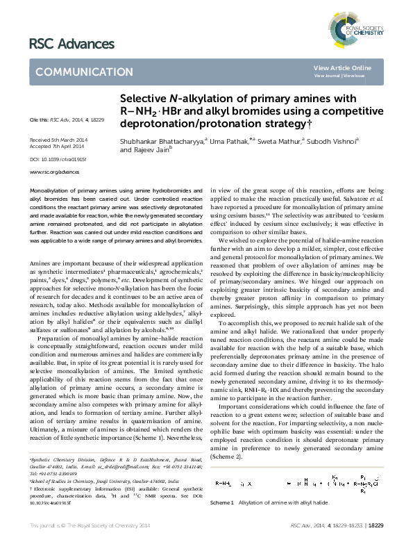 (PDF) Selective N-alkylation of primary amines with R–NH2·HBr and alkyl bromides using a ...
