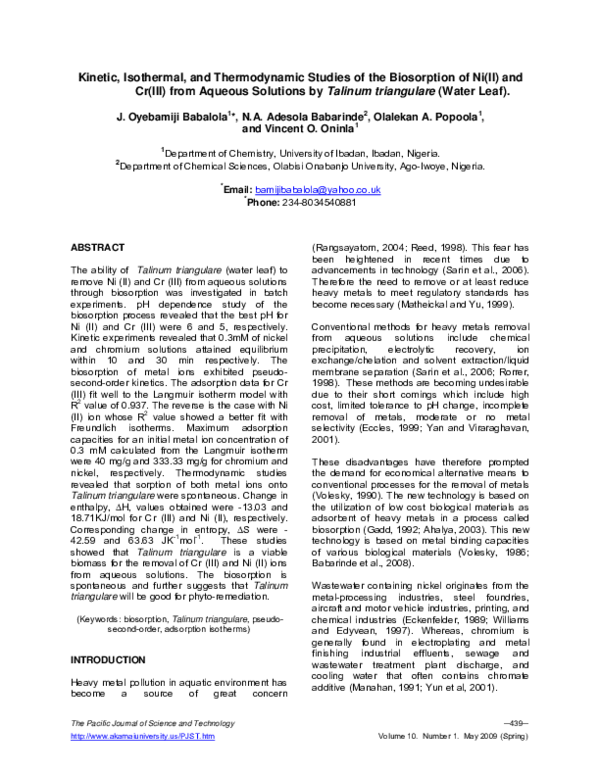 (PDF) Kinetic, Isothermal, and Thermodynamic Studies of the Biosorption of Ni(II) and Cr(III ...