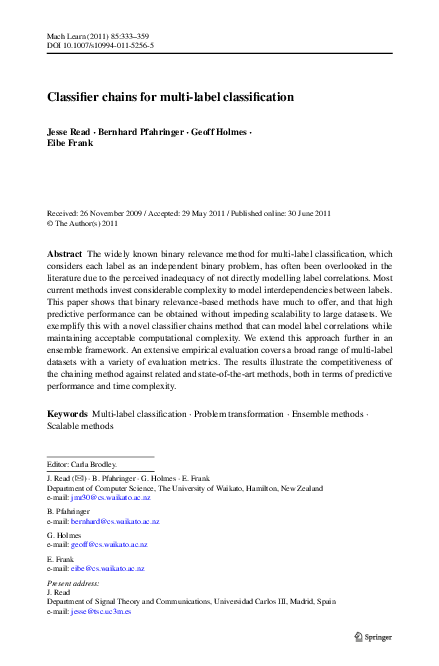 (PDF) Classifier chains for multi-label classification