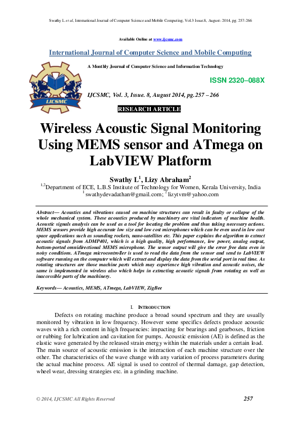 (PDF) Wireless Acoustic Signal Monitoring Using MEMS sensor and ATmega on LabVIEW Platform