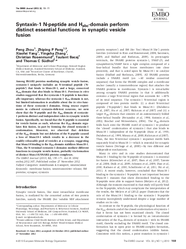 (PDF) Syntaxin-1 N-peptide and H abc -domain perform distinct essential functions in synaptic ...