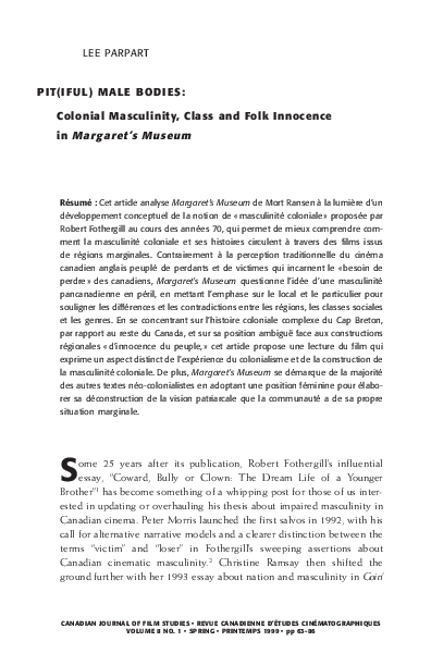 (PDF) Colonial Masculinity, Class and Folk Innocence in Margaret's Museum