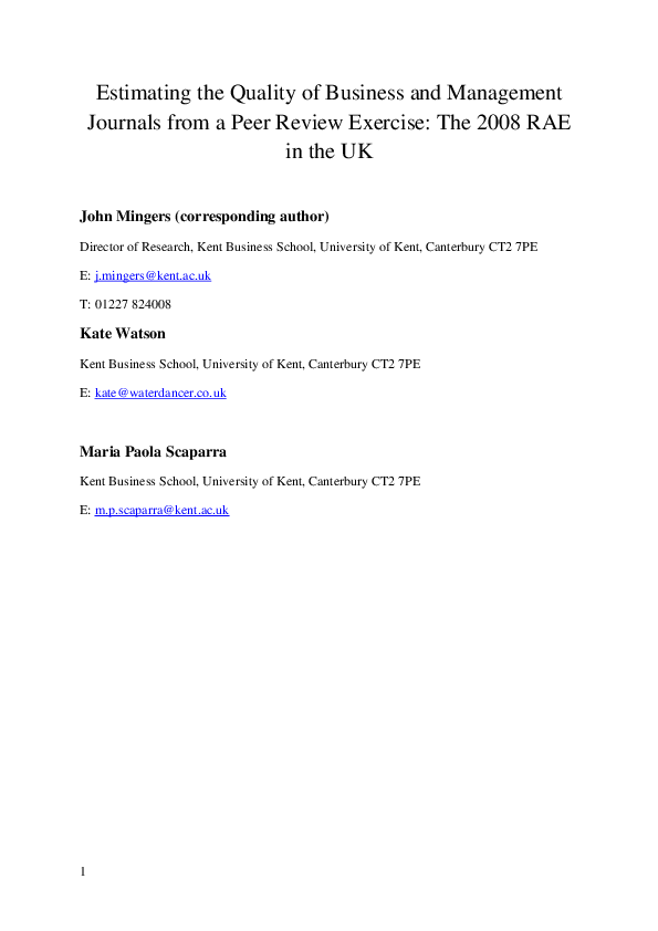 (DOC) Estimating Business and Management Journal Quality from the 2008 ...