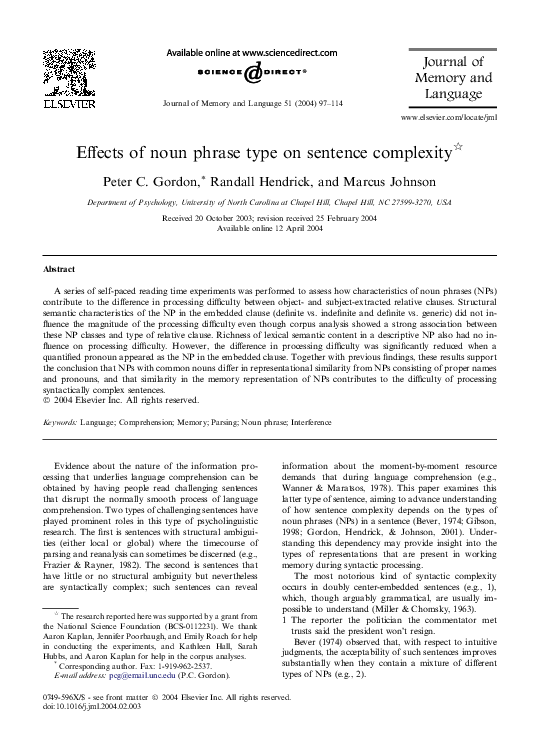 (PDF) Effects of noun phrase type on sentence complexityq | Marcus ...