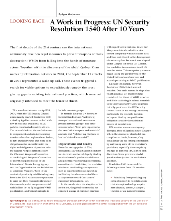 (PDF) A Work in Progress: UN Security Resolution 1540 After 10 Years