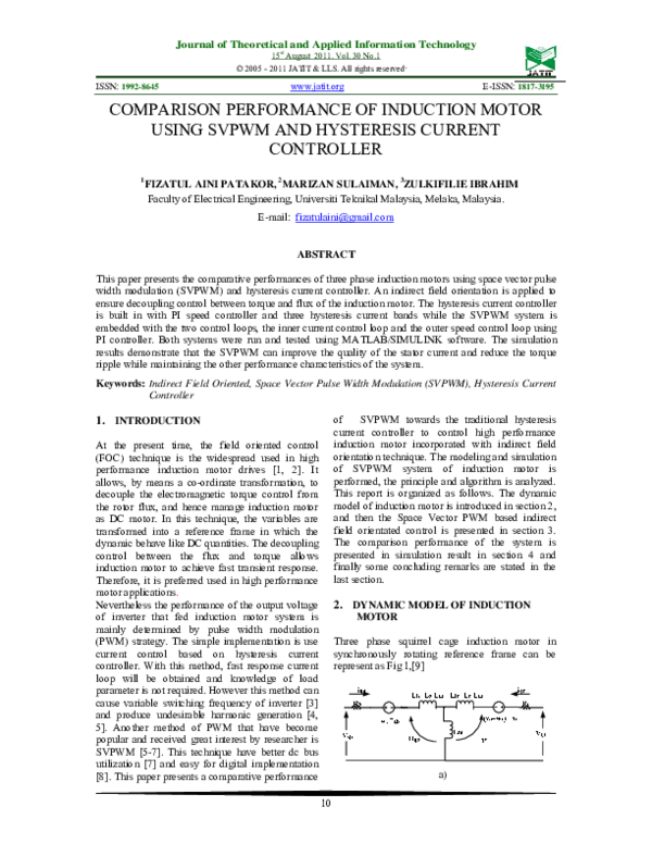 Pdf Comparison Performance Of Induction Motor Using Svpwm And Hysteresis Current Controller