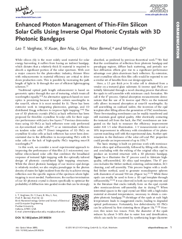 (PDF) Enhanced Photon Management of Thin-Film Silicon Solar Cells Using Inverse Opal Photonic ...