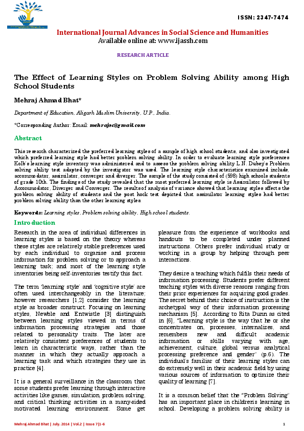 Pdf The Effect Of Learning Styles On Problem Solving Ability Among