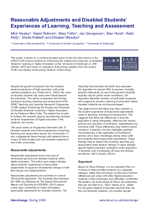 (PDF) Reasonable adjustments and disabled students' experiences of ...