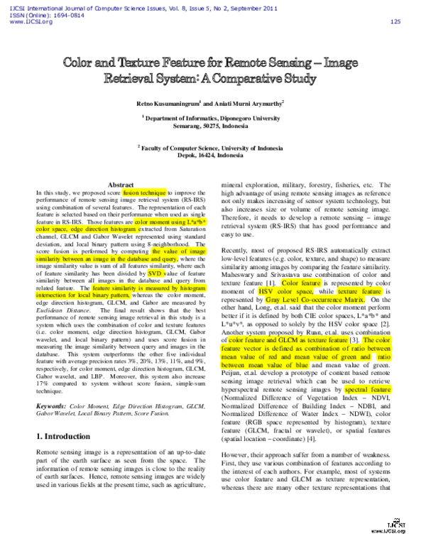 (PDF) Color and Texture Feature for Remote Sensing – Image Retrieval System: A Comparative Study