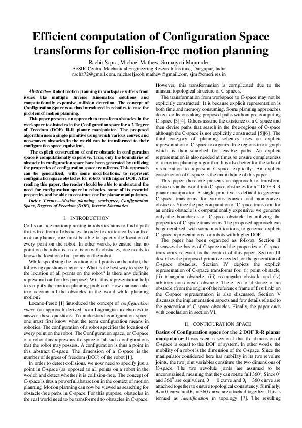 (PDF) Efficient Computation of Configuration Space Transforms for Collision free motion planning