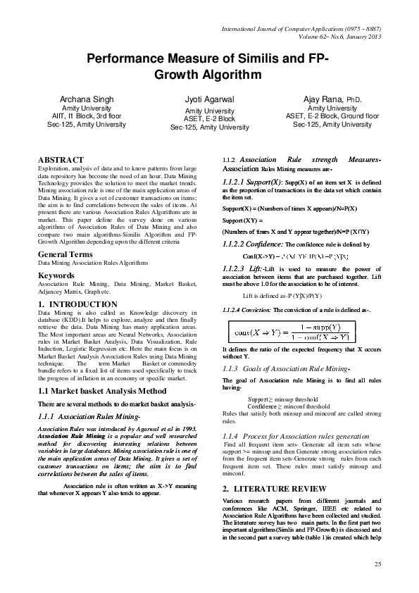 (PDF) Performance Measure of Similis and FP- Growth Algorithm