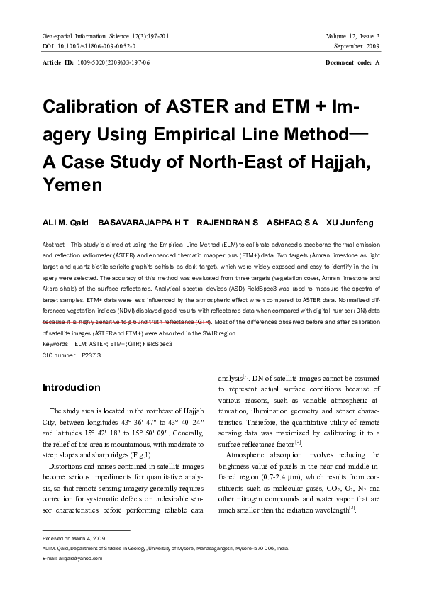 (PDF) Calibration of ASTER and ETM + Imagery Using Empirical Line ...