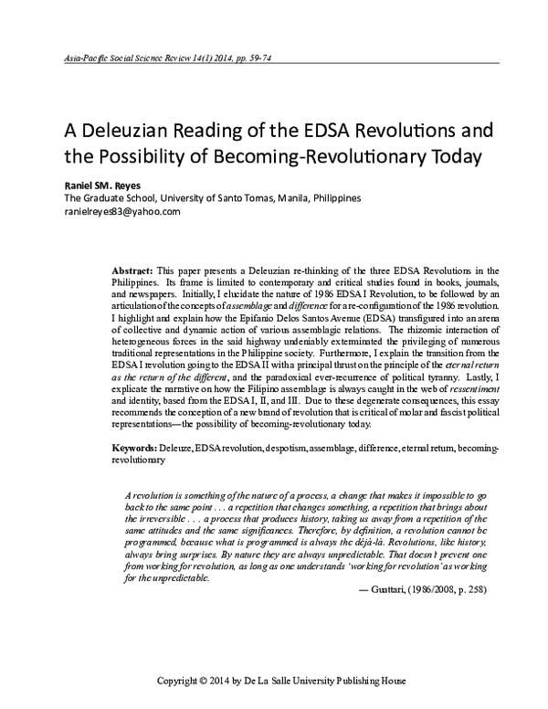 (PDF) A Deleuzian Reading of the EDSA Revolutions and the Possibility ...