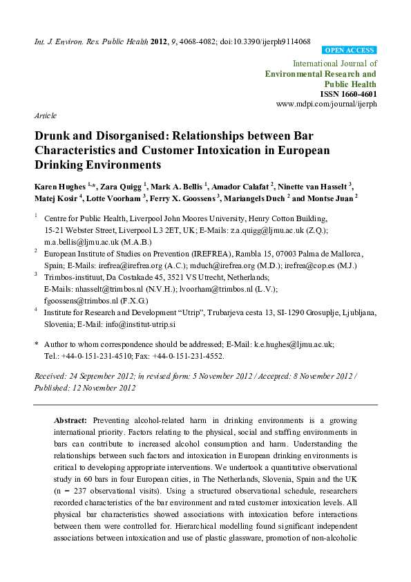 (PDF) Drunk and disorganised: relationships between bar characteristics ...