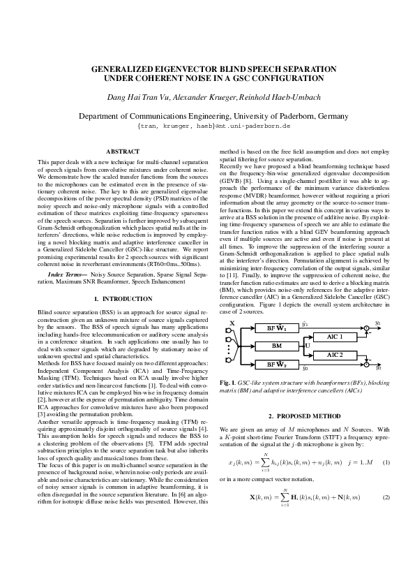 (PDF) GENERALIZED EIGENVECTOR BLIND SPEECH SEPARATION UNDER COHERENT NOISE IN A GSC ...